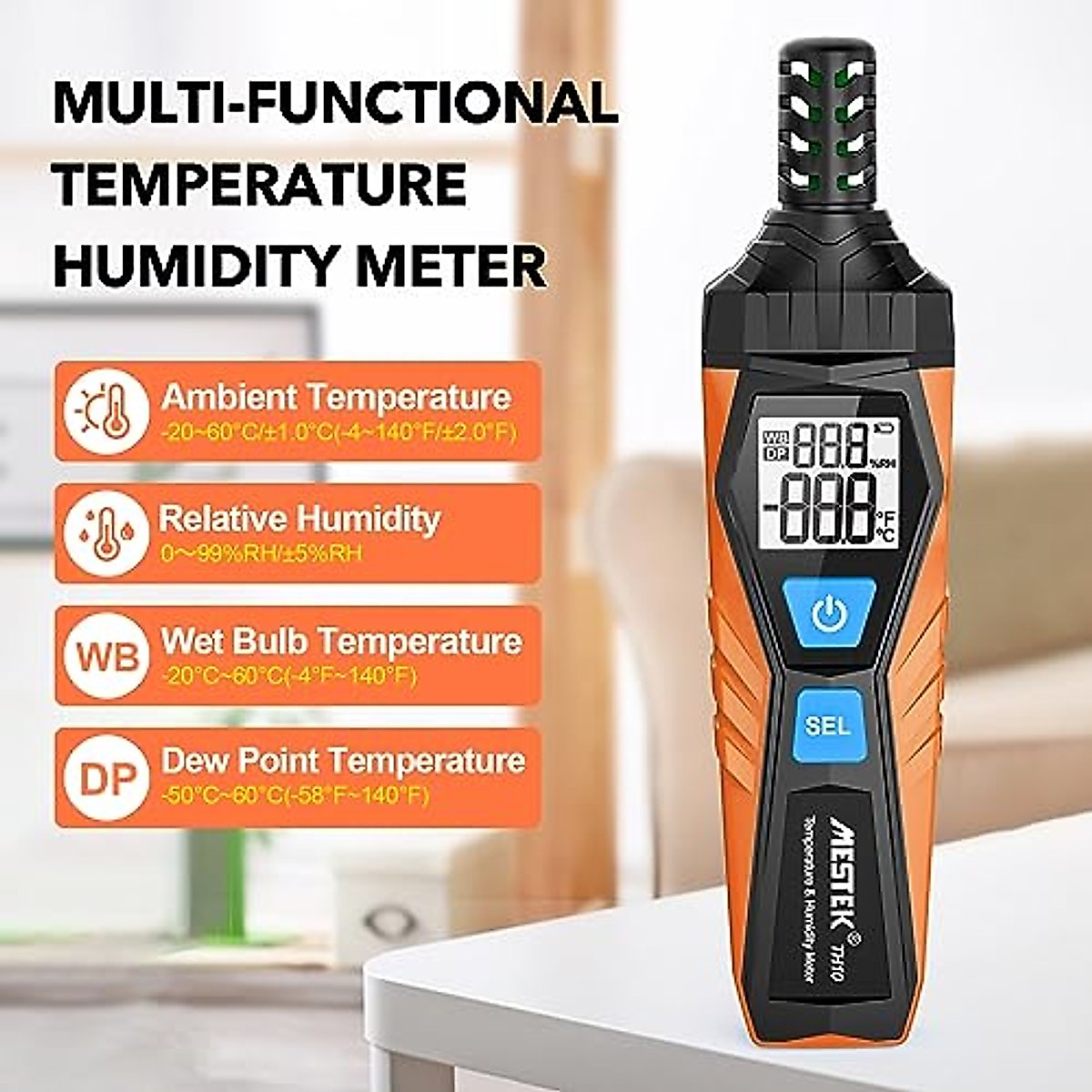 MESTEK Temperature Humidity Meter, Digital Thermometer Hygrometer with Ambient, Dew Point, Wet Bulb for Indoor Outdoor, High Precision Dual Display Psychrometer with LCD Backlight, TH10