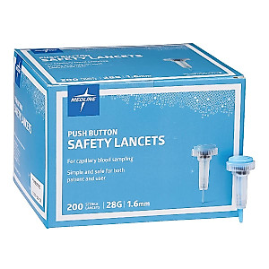 Medline Sterile Safety Lancets, Push-Button Activation, Blood Glucose Testing, Controlled Penetration, 28G x 1.6 mm, 200 Count