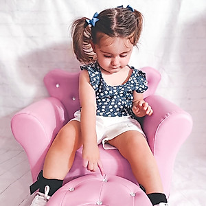 Qaba Kids Sofa Set, Children's Upholstered Sofa with Footstool, Princess Sofa with Diamond Decorations, Baby Sofa Chair for Toddlers, Girls, Pink