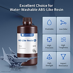 ANYCUBIC Water Washable ABS-Like 3D Printer Resin, High Toughness and Durability, High Precision and Easy to Post-process, Low odor, Wide Compatibility for all LCD Resin 3D Printers (Grey, 1kg)