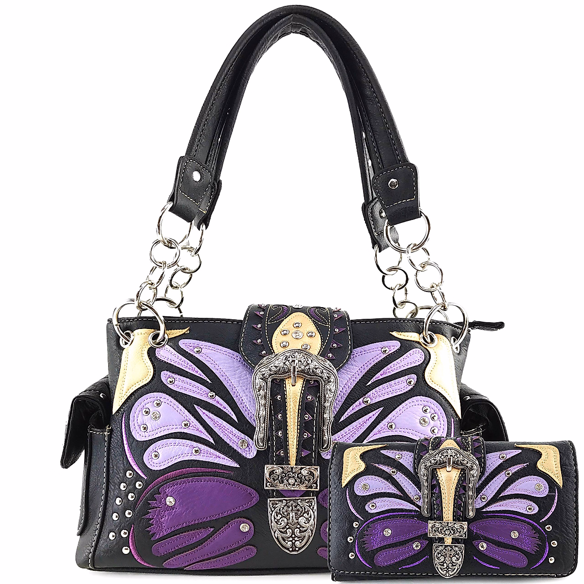 Zelris Buckle Abstract Butterfly Artwork Women Conceal Carry Handbag Wallet Set (Purple)