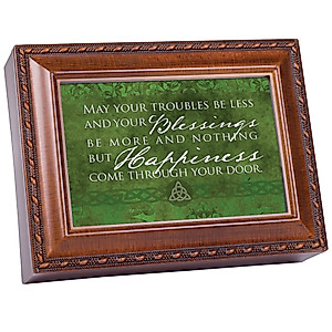 Cottage Garden Troubles Less Blessings More Happiness Woodgrain Rope Trim Jewelry Music Box Plays Irish Lullaby