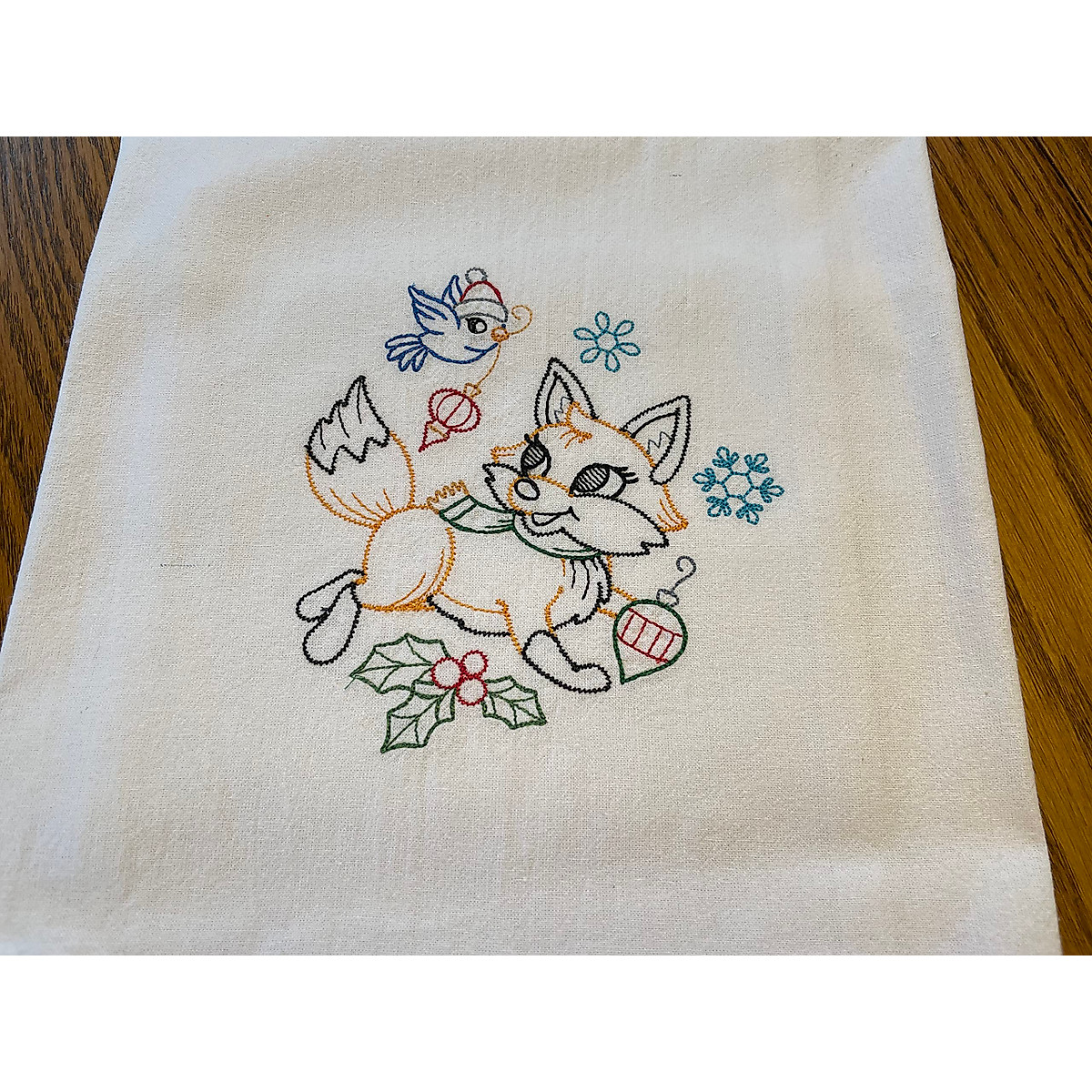Christmas embroidered flour sack tea towel, Christmas fox, vintage pattern, 1 in set of 7 designs, machine embroidery