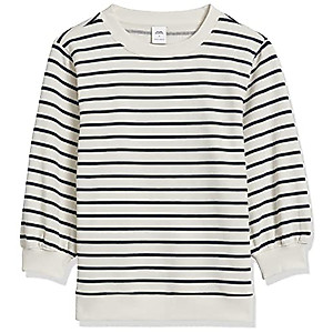 Amazon Essentials Women's Fleece Sleeve Detail Crewneck Sweatshirt, Black White Stripe, Medium