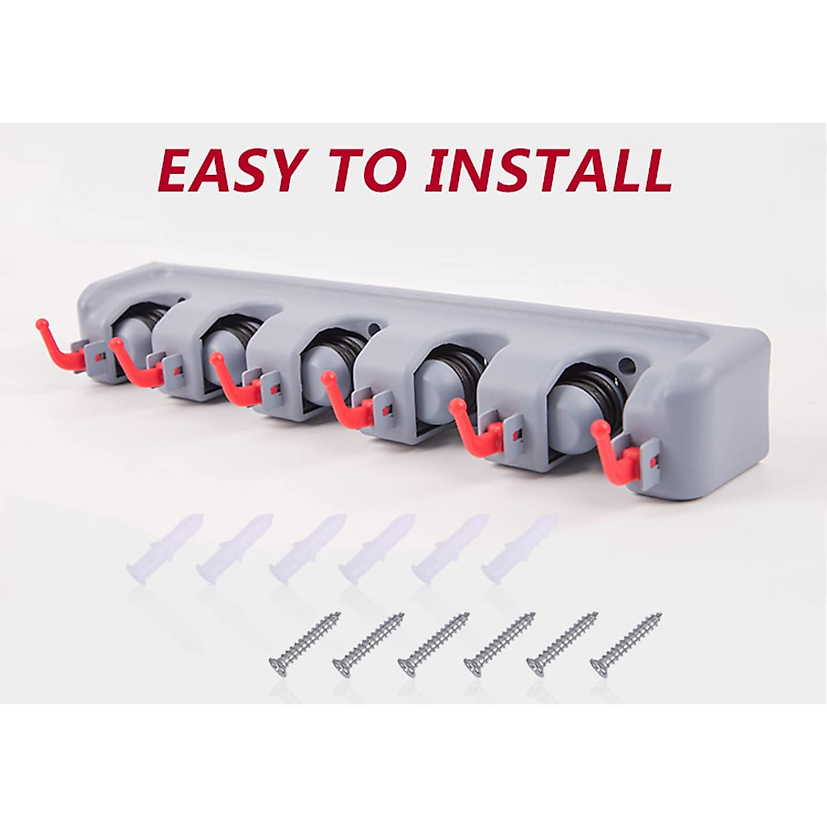 Xifando Broom and Mop Holder Wall Mount -Mop and Broom Storage Rack Wall Mounted Utility Rack (3 Slots 4 Hooks-Grey)