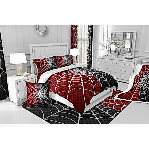 Manfei Spider Kids Fitted Sheet Twin Size, White Spider Web Black Dots Bedding Set 2pcs for Boys Girls Room Decor, Red and Black Bed Cover with 1 Pillowcase, Soft Polyester Bedding, No Top Sheet