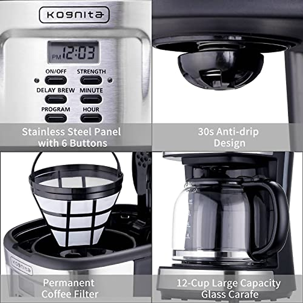 12 Cup Coffee Maker, Programmable Coffee Machine & Ice Tea Maker with Glass Carafe, Drip Coffee Maker Coffee Pot, Auto Keep Warm, Anti-Drip, Strength Control, Stainless Steel Small Coffe Maker, 900W Quick Brew, Kognita