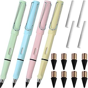 FLTON 12 Pcs Portable Erasable Inkless Pencil Set(4 Pcs Everlasting Pencils with Eraser+8 Pcs Replaceable Nibs) for Writing and Art Sketch
