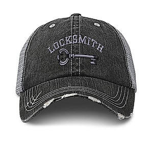 Speedy Pros Distressed Trucker Hat Locksmith Embroidery Cotton for Men & Women Black Gray