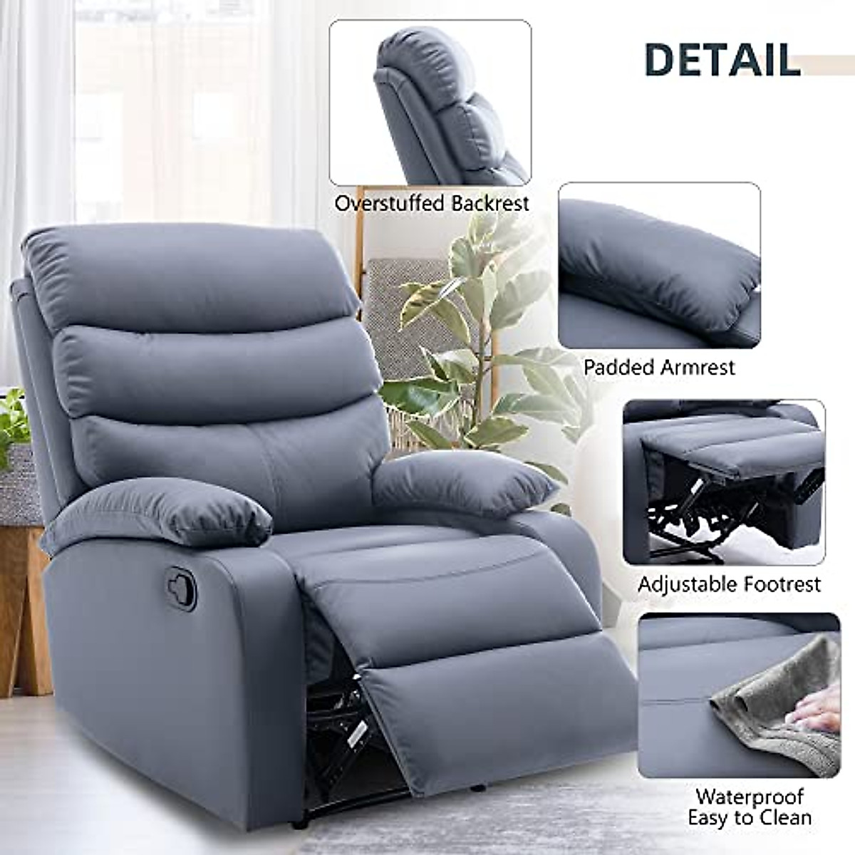 hzlagm Recliner Chair for Adults, Manual Recliner with Micro Leather, Single Sofa Chair, Easy to Operate Footrest & Headrest, Small Recliner Chair for Small Spaces- Pale Sky