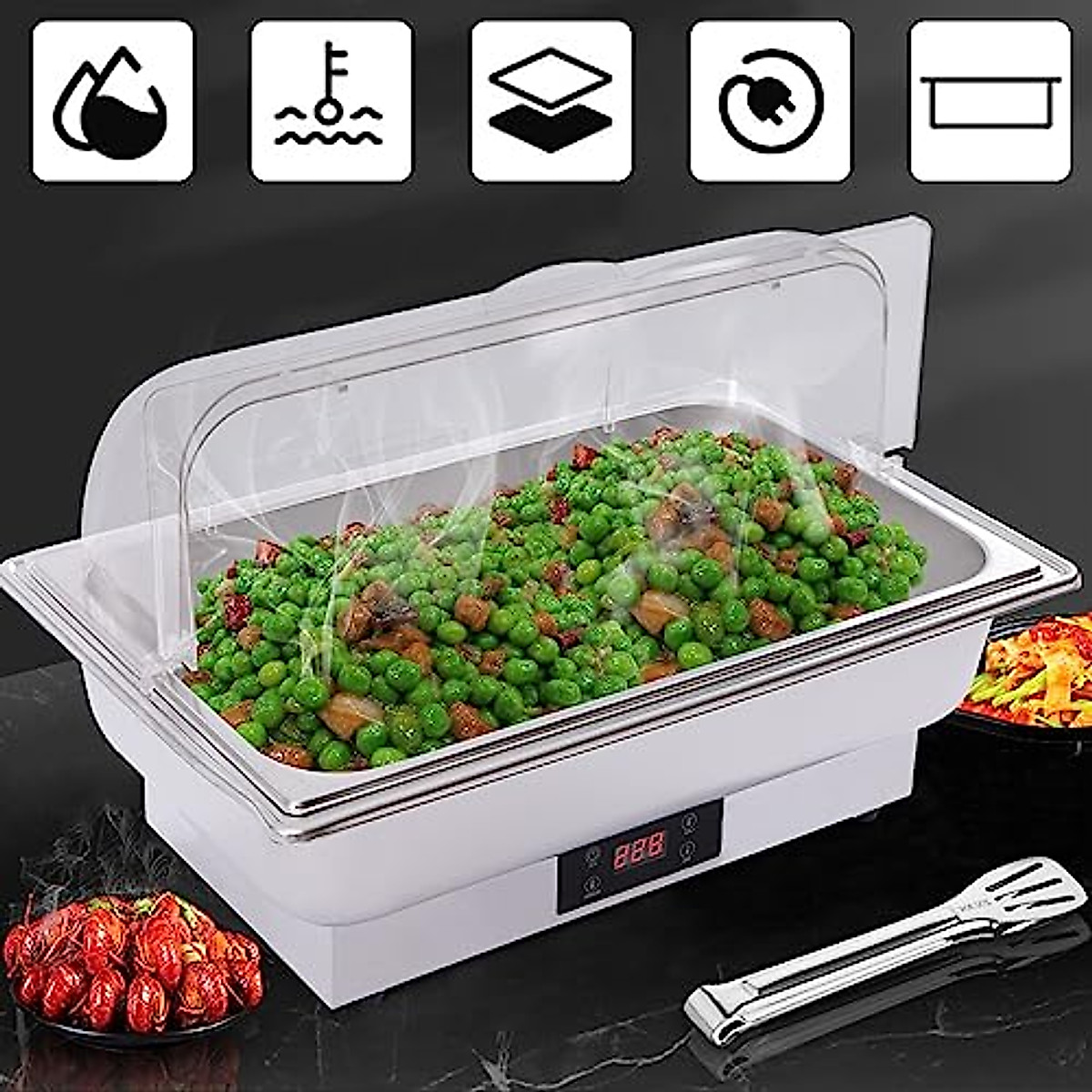 Electric Chafing Dish, 14QT 600W 110V Electric Chafing Dish Stainless Steel Buffet Food Warmer w/Food Tray & Clip for Restaurants Hotels(B)