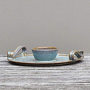 Castle Arch Pottery Handmade Party Platter with Dip Bowl. 9” Diameter Serving Plate with Celtic Spiral Logo. Original Irish Design Hand-Glazed for Durability and Quality of Finish (Green)