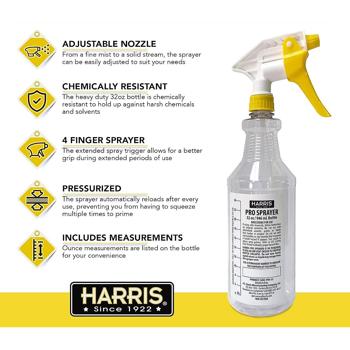 HARRIS Professional Spray Bottle 32oz, All-Purpose for Cleaning and Plants with Clear Finish, Pressurized Sprayer, Adjustable Nozzle and Measurements