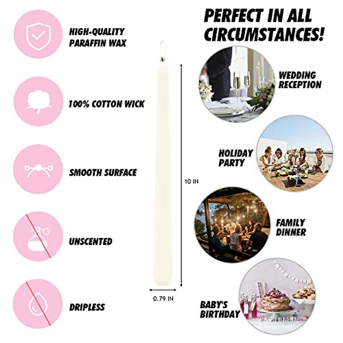 10 Inch Ivory Taper Candles, 12 Pack Unscented Candlesticks for Dinner, Wedding, Christmas, Seasonal Celebration and Home Decoration