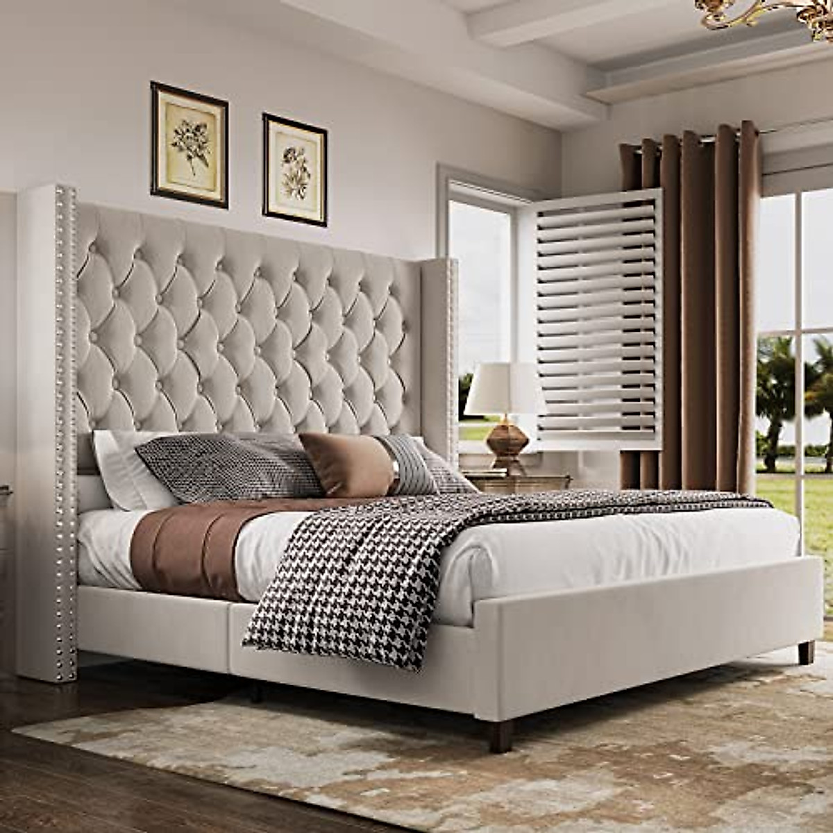 PaPaJet King Platform Bed Frame 61.4" Handmade Headboard Velvet Tall Upholstered Bed Deep Button Tufted/No Box Spring Required/Wood Slat Support/Easy Assembly/Cream
