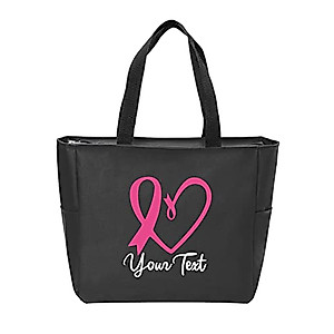 Personalized Breast Cancer Awareness Zippered Tote Bag - Breast Cancer Survivor Gifts for Women - Black