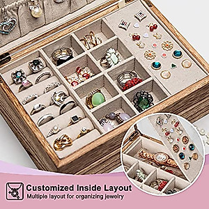 Pinzoveco Jewelry Box for Women, Rustic Wooden Jewelry Organizer Box for Storage Earrings Rings Necklace Bracelet, Farmhouse Style Wood Jewelry Boxes & Organizers (Torched Wood Color)