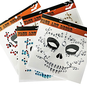 4-Pack Day Of The Death Face Gems,Halloween Temporary Face Tattoos, Rhinestone Face Jewels Stickers