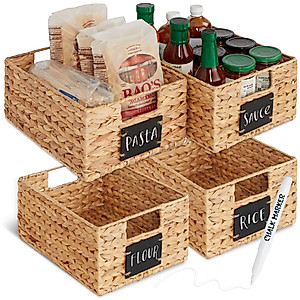 Best Choice Products Set of 4 9x12in Water Hyacinth Pantry Baskets, Woven Kitchen Organizers w/Chalkboard Label, Chalk Marker - Natural
