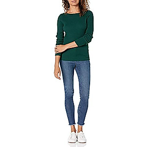Amazon Essentials Women's Lightweight Ribbed Long-Sleeve Boat Neck Slim-Fit Sweater, Forest Green, Large