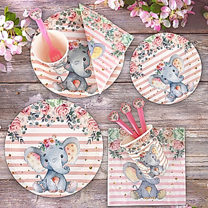 Elephant Baby Shower Decorations for Girl, Elephant Theme Tablecloths, Balloons, Backdrop, Banner, Plates, Napkins, Paper Cups, Forks for Birthday Party Decorations| Pink Grey White