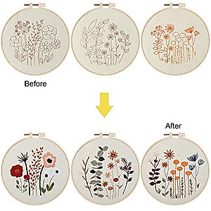 Uphome 3 Pack Embroidery Starter Kit for Beginners Stamped Cross Stitch Kits with Cute Flowers and Plants Patterns with 1 Embroidery Hoop and Color Threads for Adults Kids