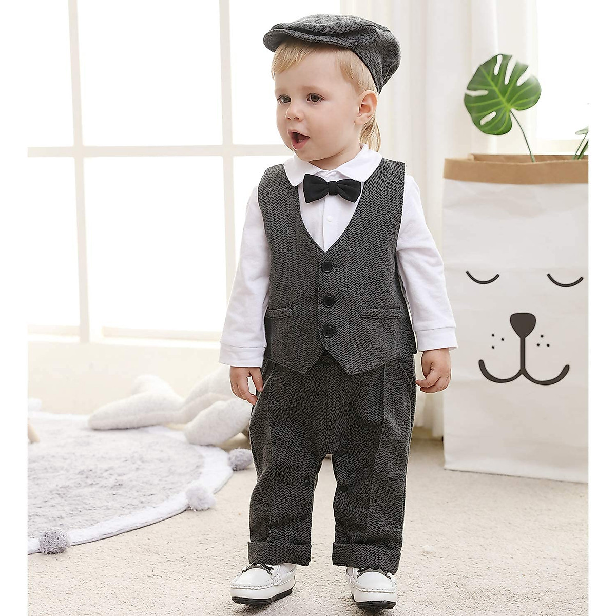 WESIDOM Baby Boy Suit Outfits Set 3pcs,Infant Tuxedo Long Sleeve Gentleman Wedding Jumpsuit & Vest Coat & Beret Hat
