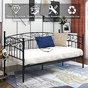 mikibama Black Twin Metal Daybed Victorian Day Bed Frame Elegant Arched Daybeds with Slats Space Saving Guest Bed for Living Room Apartment and Small Space