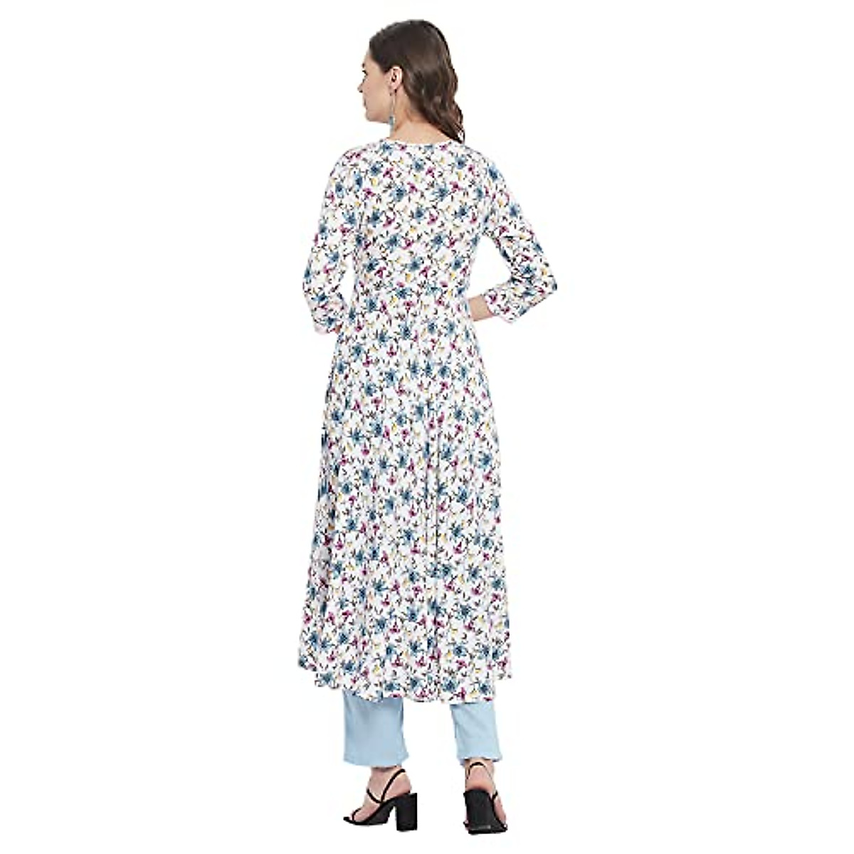 Tissu Women's Rayon White & Blue Floral Printed A-Line Kurta 2134_White_5XL