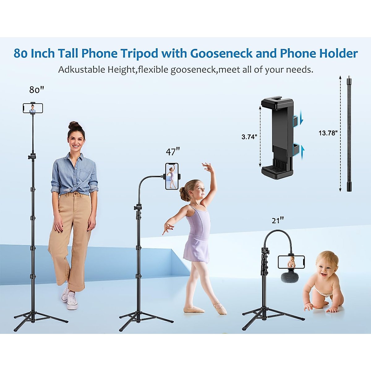 Phone Tripod, 80" Tall Tripod for iPhone with 13" Adjustable Gooseneck, Cell Phone Tripod with Remote and Phone Holder, Overhead Tripod Stand for iPhone 15 14 13 12 Android Phone