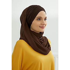 Aisha's Design Pre-tied Cotton Turbans for Women with Chiffon Shawl, Instant Scarf Hijab Stylish Design, Brown - Brown