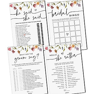 Bridal Shower Games - 4 Bridal Shower Games for 30 Guests, (He Said She Said, Would She Rather, Bridal Bingo, What Did The Groom Say), Double-Sided Cards (Wildflower)