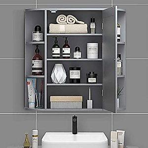 Moccha Bathroom Cabinet, Mirrored Wall Mounted Medicine Cabinet with Mirrored Door and 6 Open Shelves, Floating Shelf, Dressing Mirror with Storage Cabinet, Suitable for Foyer, Living Room (Gray)