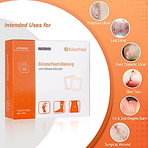 EalionMed Silicone Foam Dressing with Gentle Adhesive Border 4''x4'', 10 Pack, Painless Removal High Absorbency Bed Sore Wound Bandage for Pressure Sore, Leg Ulcer, Diabetic Ulcer