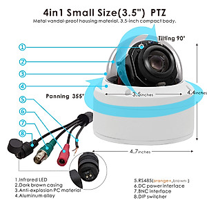 Inwerang CCTV IR PTZ Security Dome Camera, 1080P HD Outdoor, IP66 Waterproof AHD/TVI/CVI/CVBS 4in1, 98ft IR Night Vision, 5X Zoom,2.7-13.5mm AF Lens,RS485&UTC Control, DC 12V