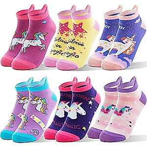 Kids Girls Unicorn Socks Ankle Low Cut No Show Cute Novelty Fashion Cartoon Gifts Stocking Stuffers Socks 6 Pairs (Unicorn,9-14 Y)