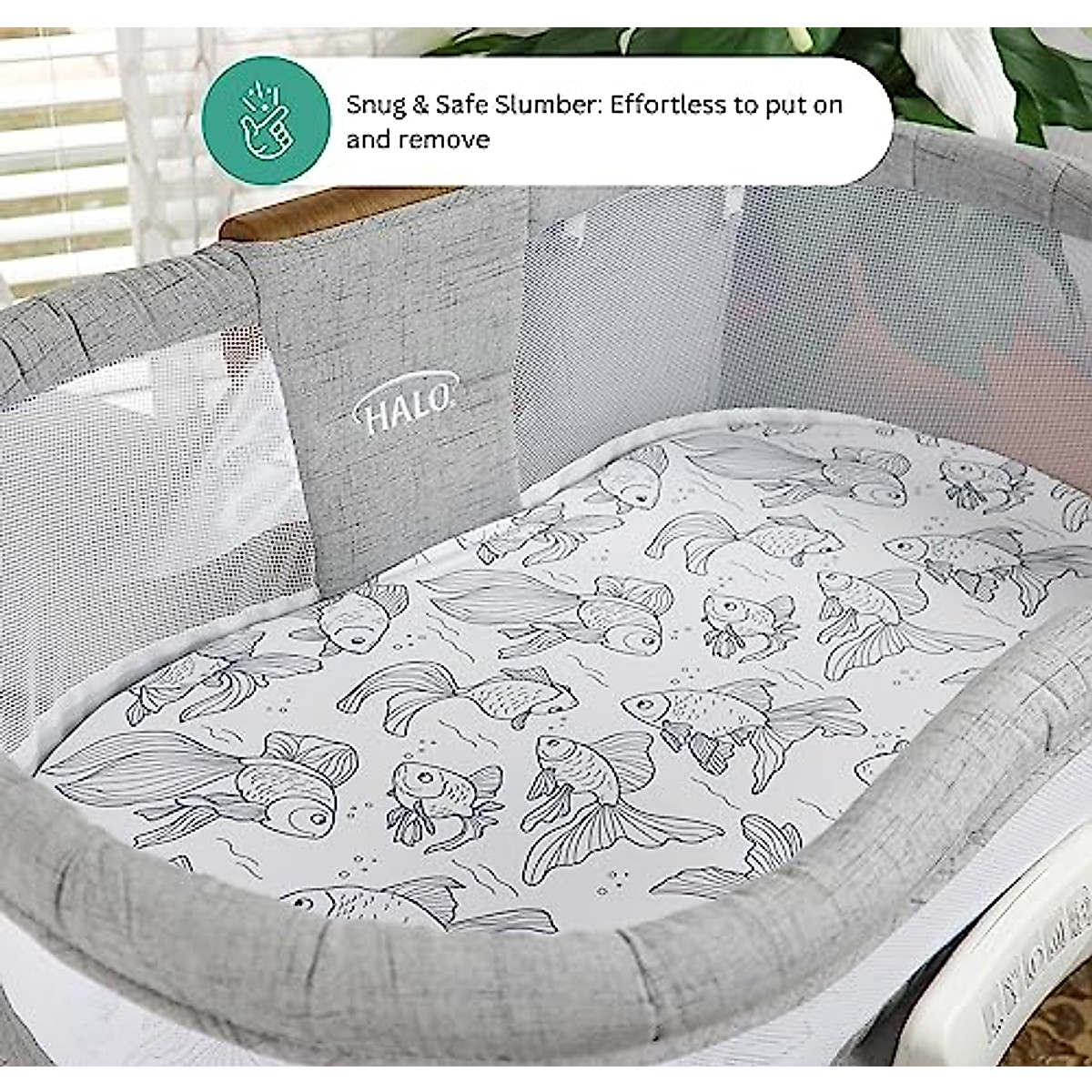 TansyPanda Bassinet Sheets for Halo Bassinest Swivel, Flex, Glide, Premiere and Luxe Series Sleeper, Pack of 3, 33 X 17 Inch, Ultra Soft, Snug Fit, Unisex Boys Girls, Gray White (Ocean Fish Theme)
