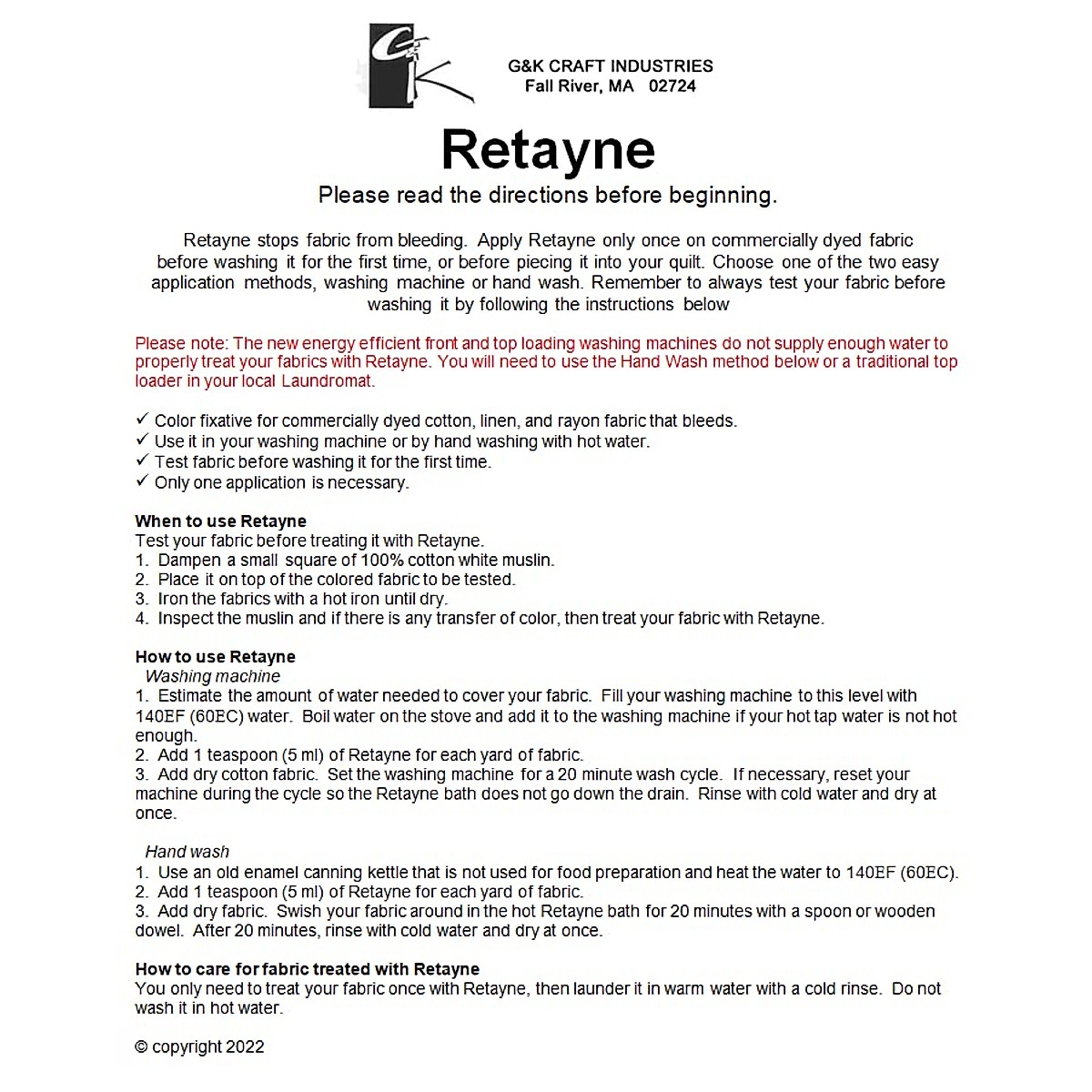 G&K Craft Retayne Color Fixative Original Version 4oz | Best Liquid Color Fixative for Dyed Cotton, Linen and Rayon Fabrics