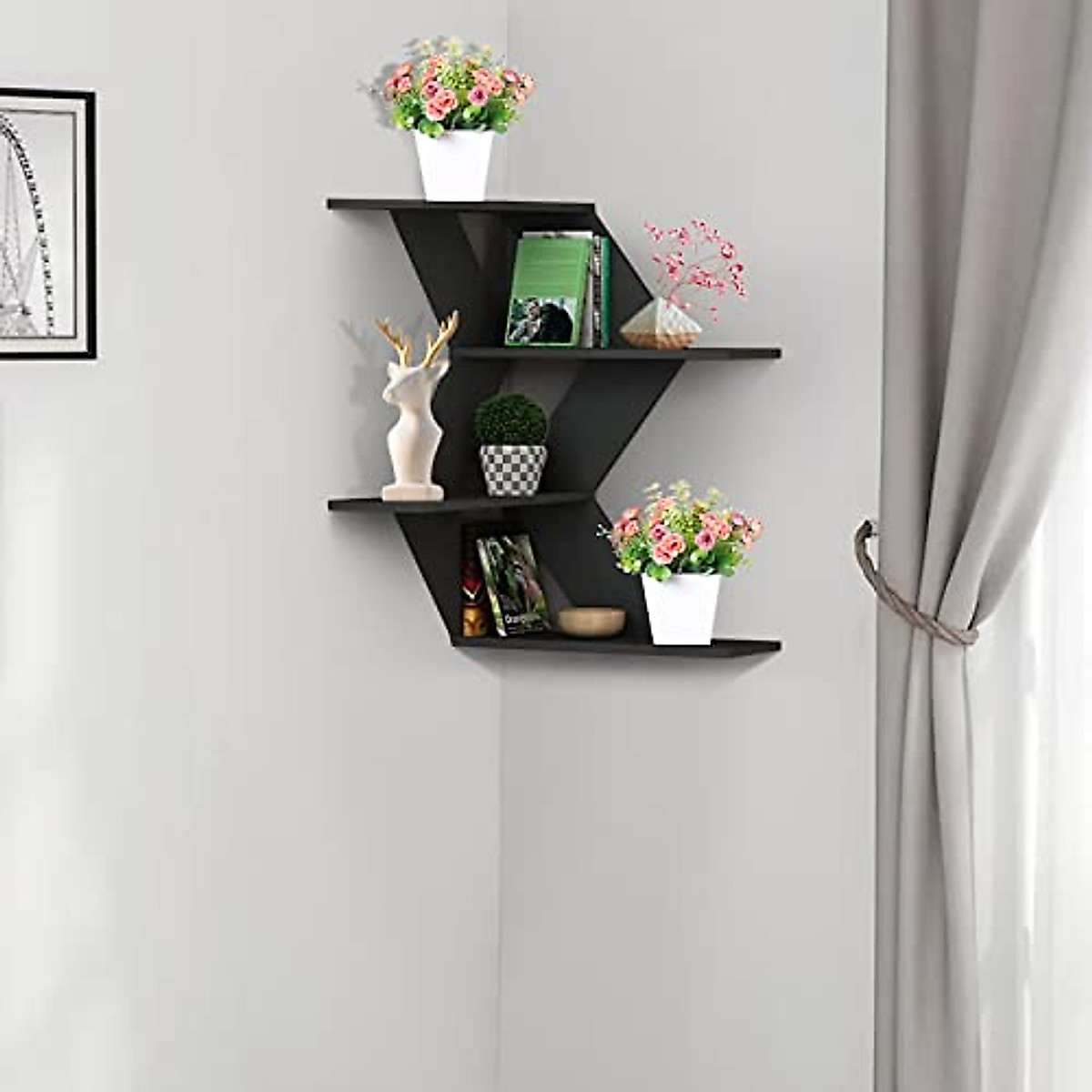 idee-home Corner Shelf Wall Mount, Rustic Hanging Floating Corner Shelf 4 Tier for Corner Wall Shelves Decor, Wood Mounted Decorativa Wall Storage Shelves for Bedroom, Bathroom, Black