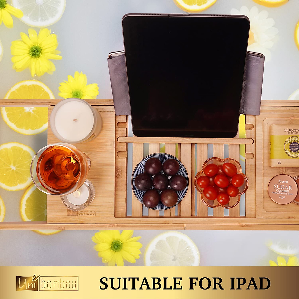 Bamboo Bathtub Caddy Tray for Luxury Bath, Expandable Bath Tray for Tub with Book and Wine Holder- Gift Idea for Loved Ones