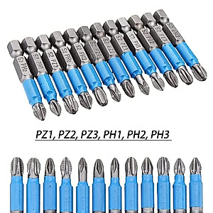 Fixinus 12 Pieces Magnetic Phillips & Pozidriv Screwdriver Bit Set, 1/4 Inch Hex Shank Anti Slip Drill Bits PH1, PH2, PH3, PZ1, PZ2, PZ3-50 mm Length