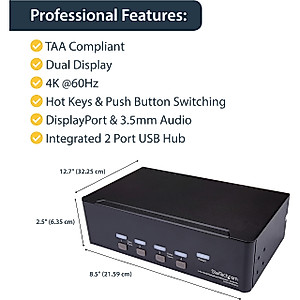 StarTech.com DisplayPort KVM - 4 Port - 4K 60Hz - Dual Monitor KVM - DisplayPort Switch - KVM DisplayPort - Desktop KVM Switch, TAA (SV431DPDDUA2)