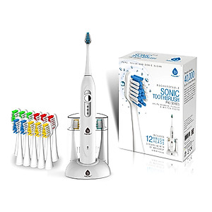 Pursonic S430 SmartSeries Electronic Power Rechargeable Sonic Toothbrush With 40,000 Strokes Per Minute, 12 Brush Heads Included, White