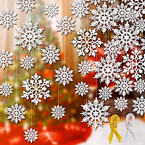 46Pcs Plastic Snowflake Ornament Christmas Glitter Snowflake Hanging Christmas Tree Decorations with Silver Rope for Winter Decorations Tree Window Door Accessories (White)