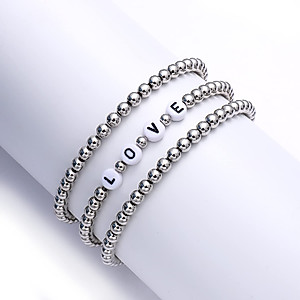 CEALXHENY Beaded Bracelets Stackable Brass Bead Ball Chain Bracelets for Women LOVE Letter Stretch Bracelet Bangles for Men Women Holiday Valentine’s Gift (C Letter LOVE Silver)