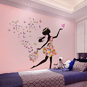 DEKOSH Girl Nursery Wall Decals Set of 2 Designs | Full Wall Multiple Designs Beautiful Girl with Flowers & Butterflies Decorative Wall Stickers for Girls Bedroom