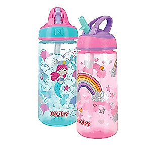 Nuby 2 Pack Iridescent Flip-it Kids On-The-Go Printed Water Bottle with Bite Proof Hard Straw - 18oz / 540 ml, 18+ Months, 2 pk Prints May Vary
