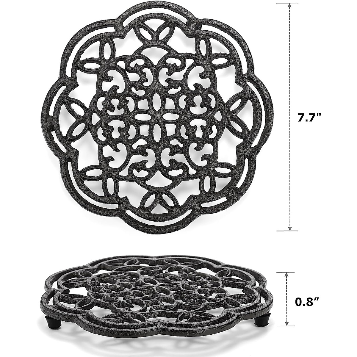 Yopay 2 Pack Cast Iron Trivet Heavy Duty, 7.7 inch Round Metal Trivet for Hot Pans or Teapot, Rustproof Pot Stands Holders with Rubber Pegs for Countertop, Dining Table, Kitchen Farmhouse Decoration