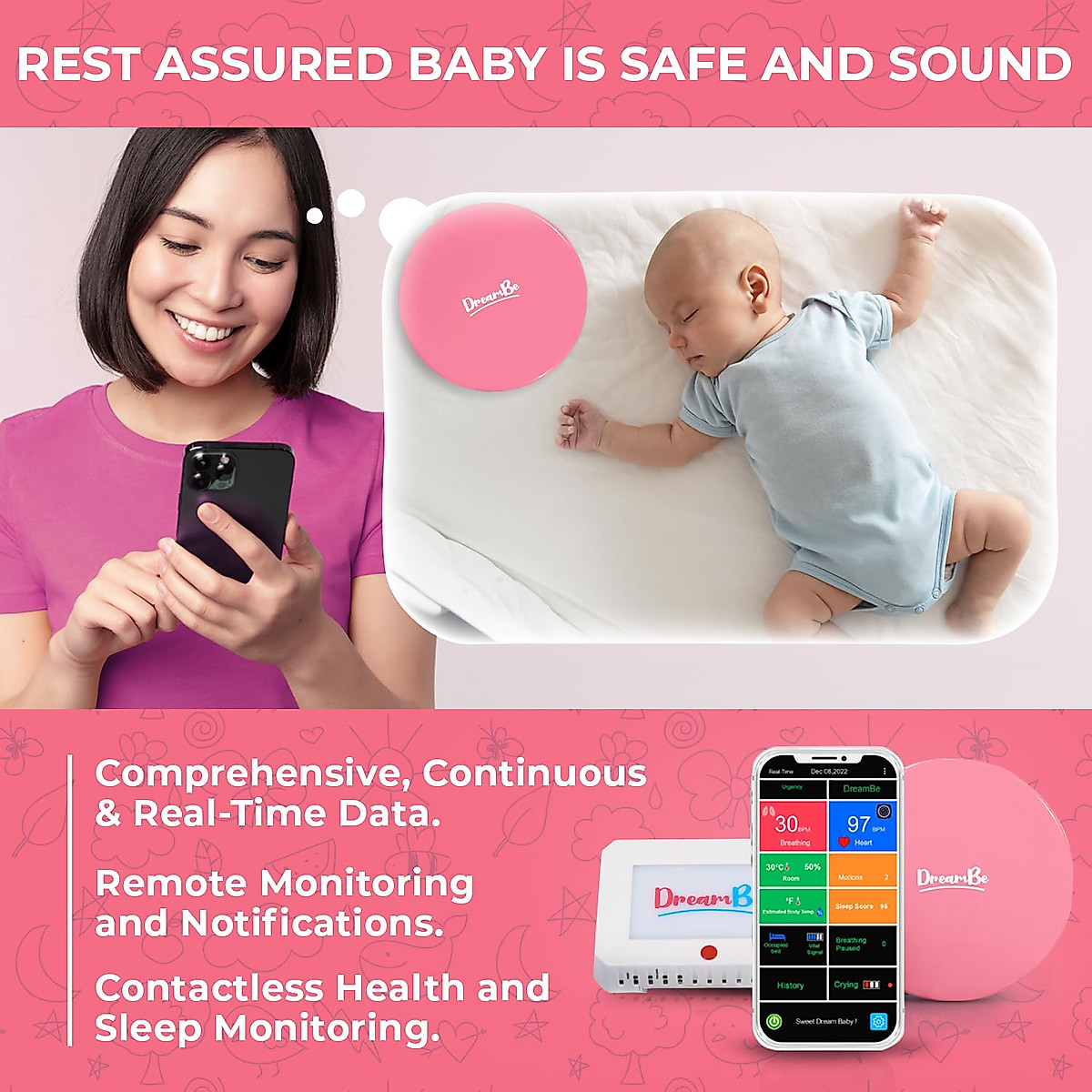 DreamBe-1 by OnSky Contactless Smart Baby Breathing Monitor, Realtime Heart Rate and Sleep Tracker – Monitor Baby Anywhere, Anytime – Touch-Screen Display WiFi - Urgency (DreamBe-1 Pink)