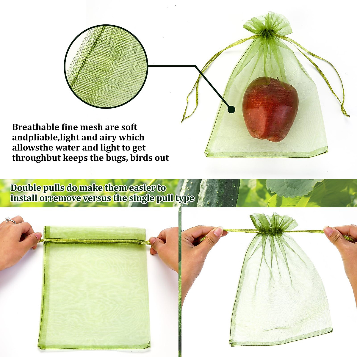 50 PCS 6X9 inches Fruit Protection Bags,Fruit Bags for Fruit Trees,Fruit Bags Protection,Green Netting Fruit Cover Bags Drawstring Mesh Fruit Protectors Pest Barrier for Fruit Trees Veggies Garden